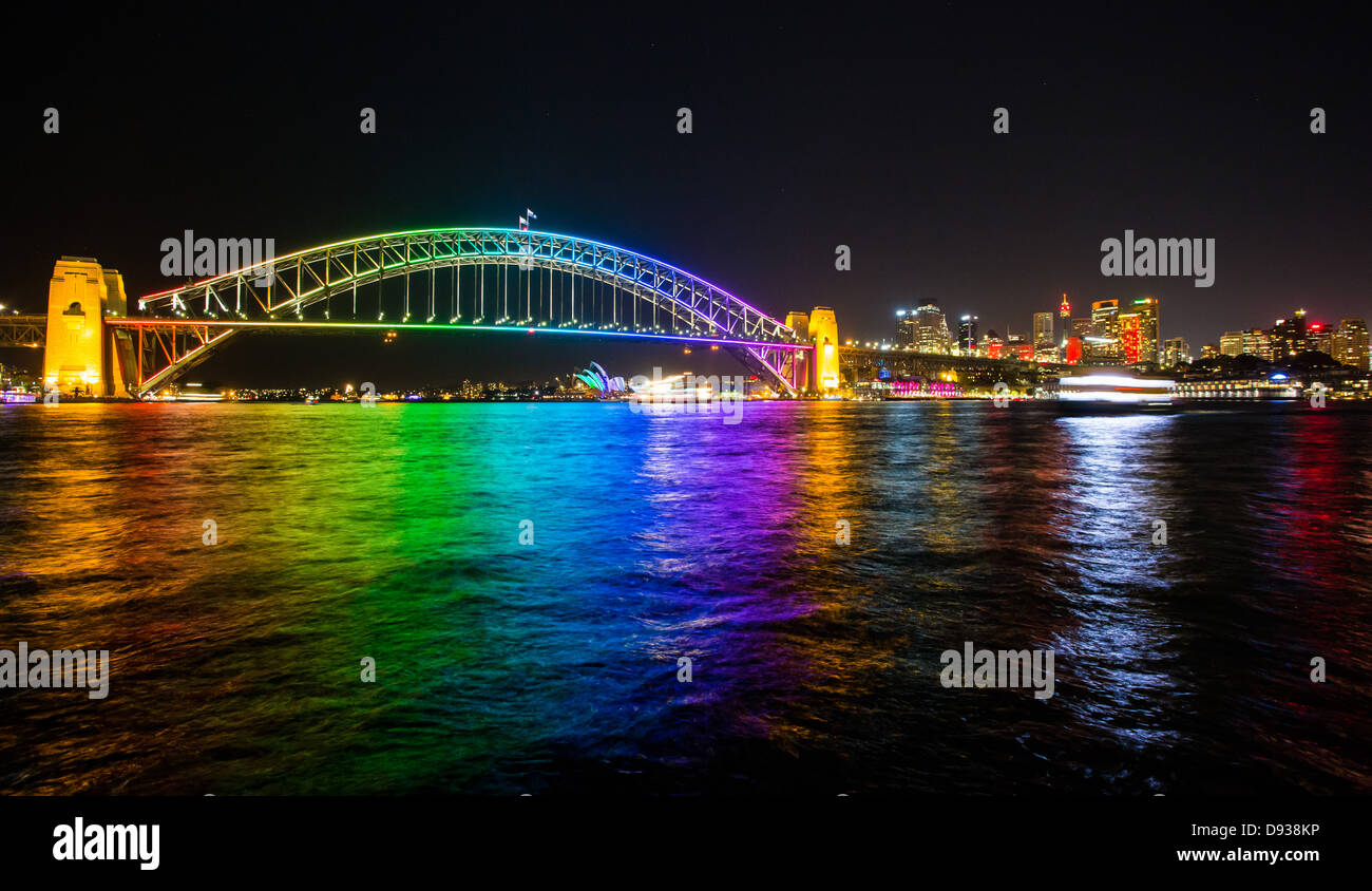 Wide angle view of Sydney Harbour Bridge at night during the annual ...