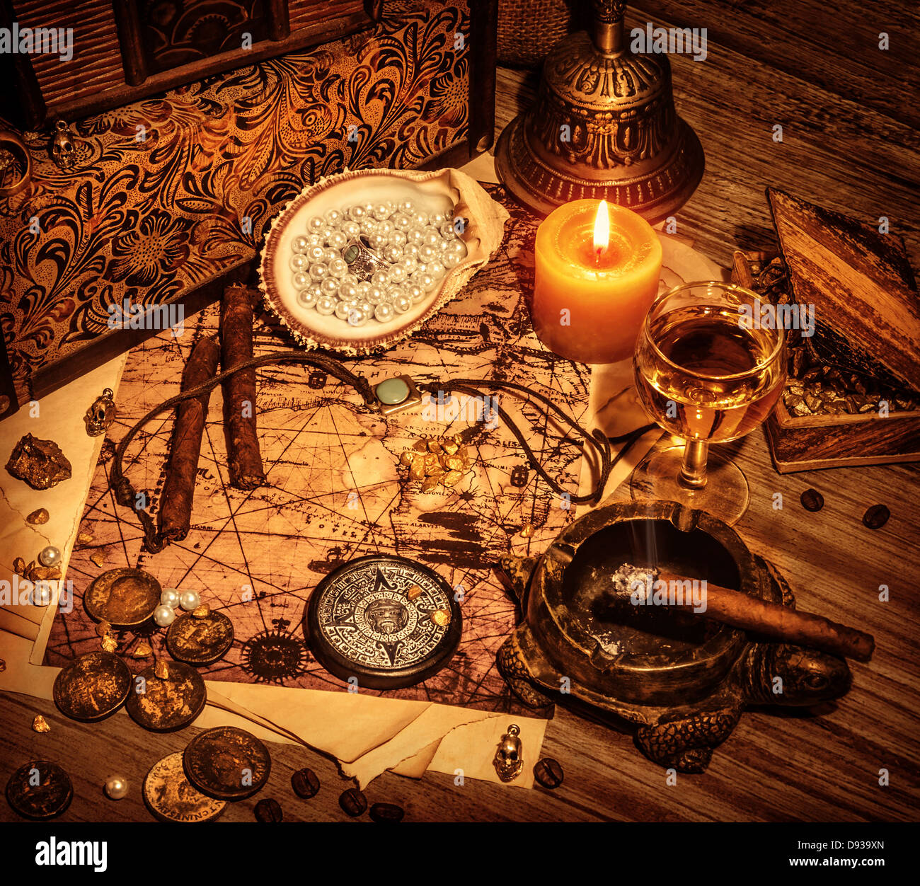 Closeup on beautiful buccaneer treasure background, luxury pirates ...