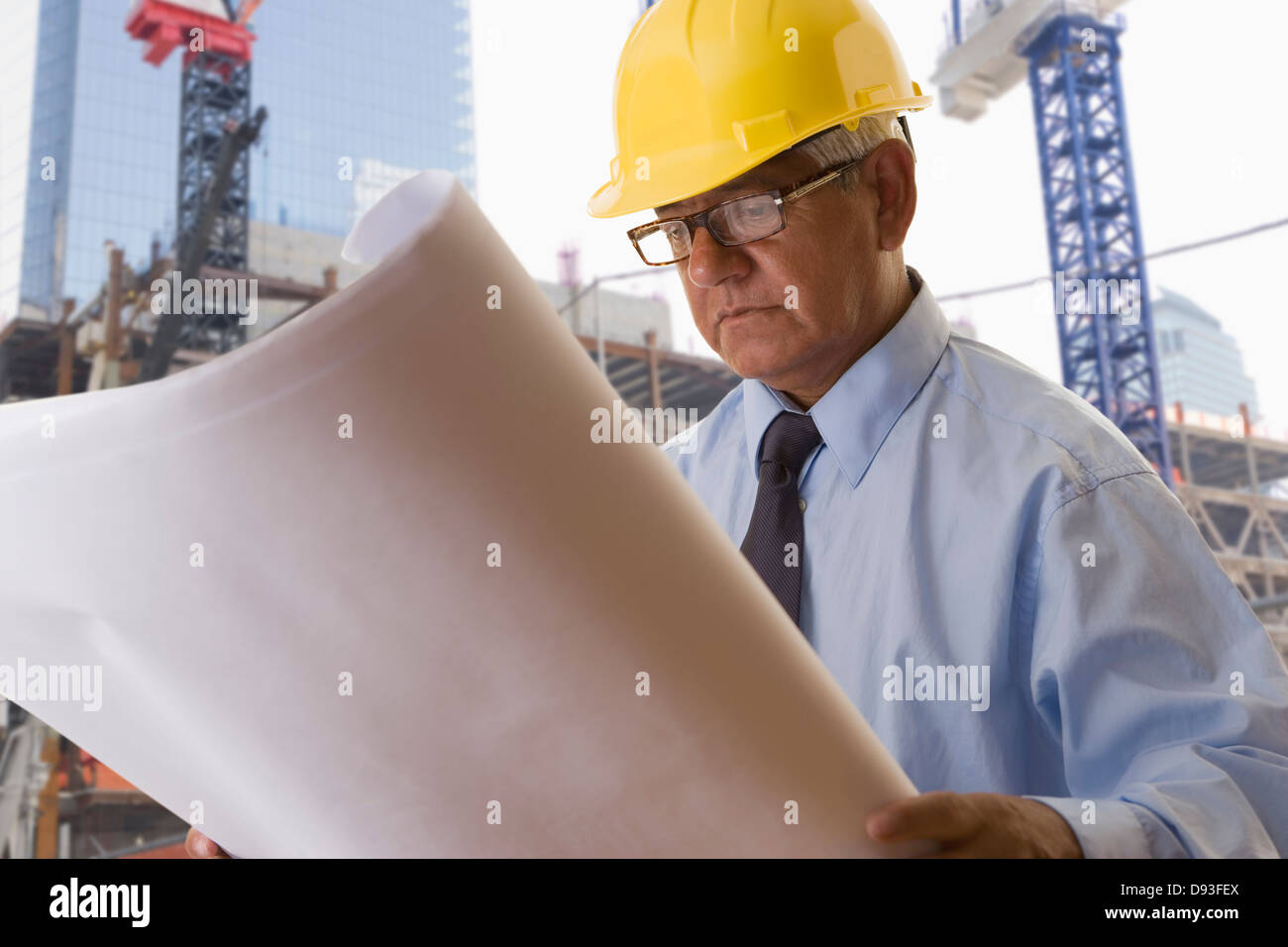 Hispanic businessman reading blueprints Stock Photo - Alamy