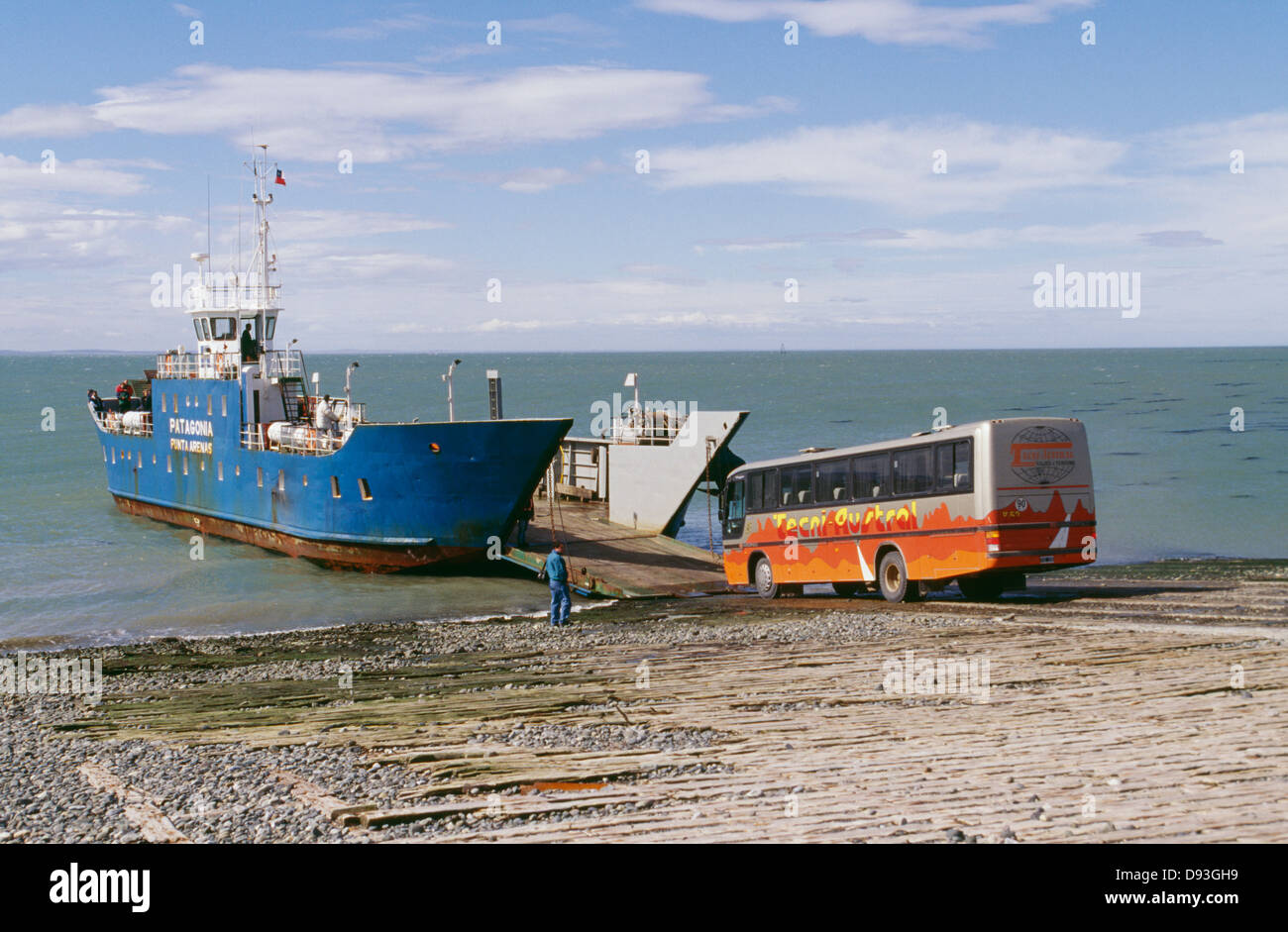 View of ferry with bus on beach Stock Photo - Alamy