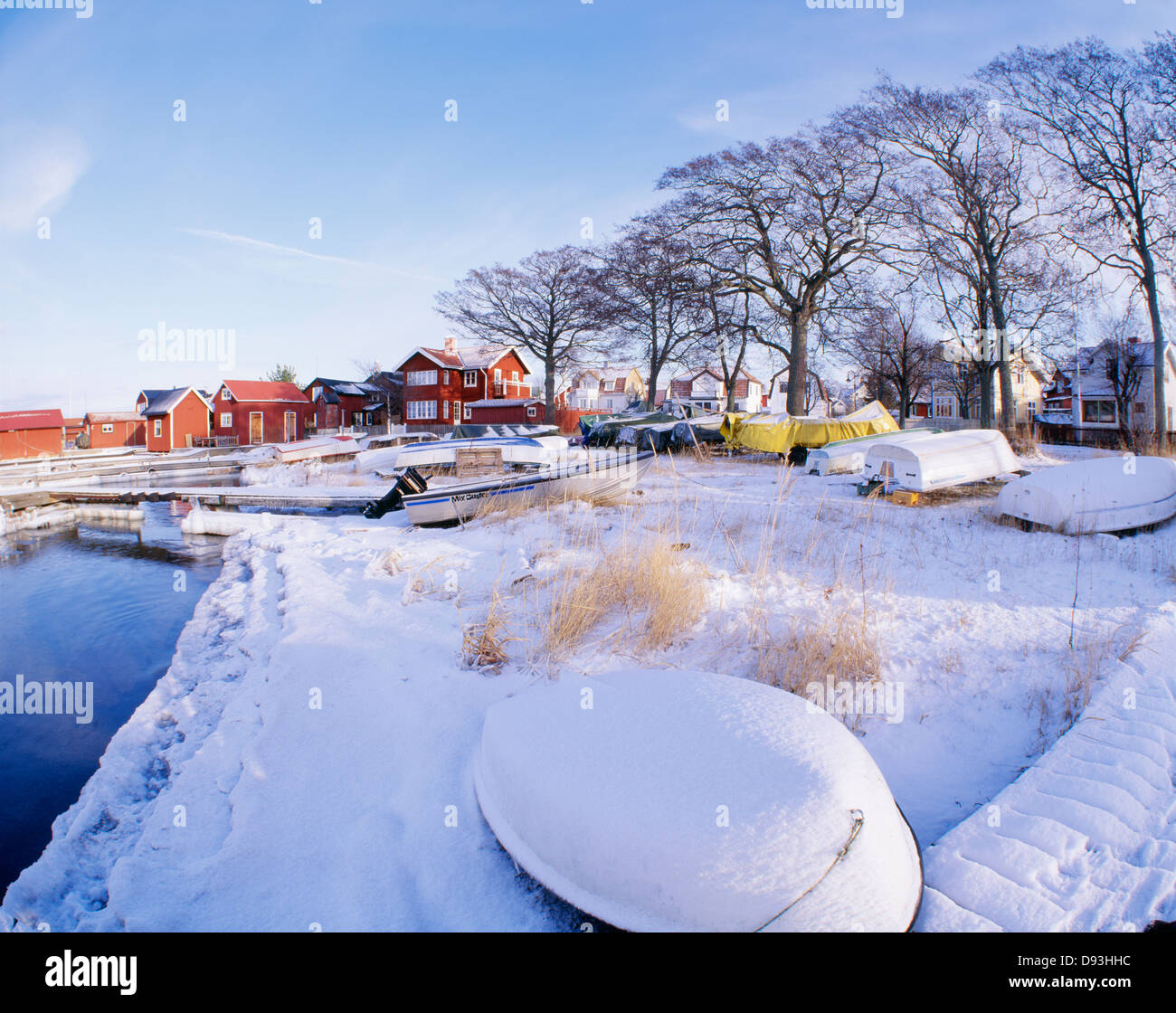 Boats by frozen lake, elevated view Stock Photo - Alamy