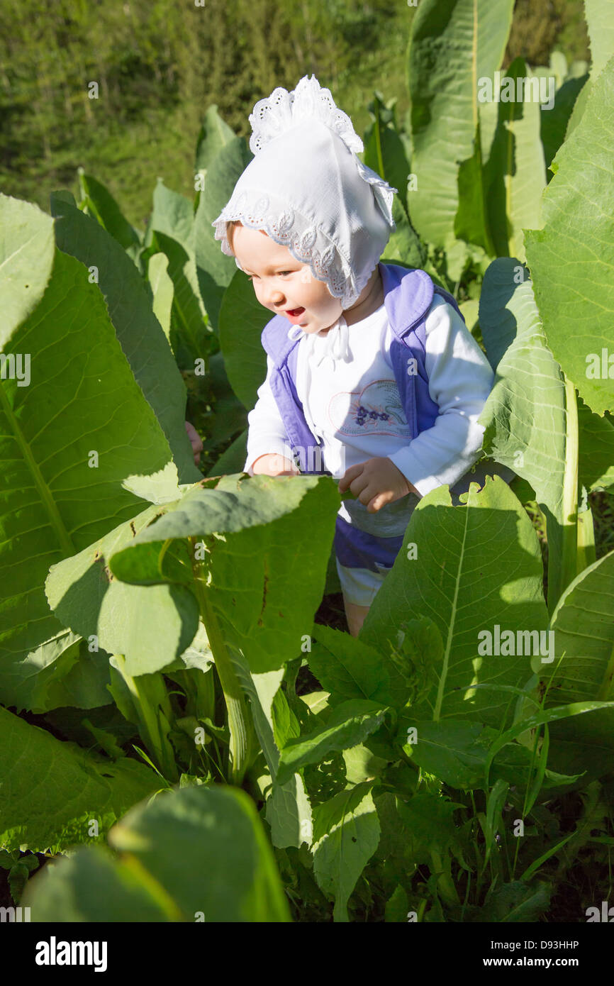 Smiling pretty little child girl in leaves of burdock in park Stock ...
