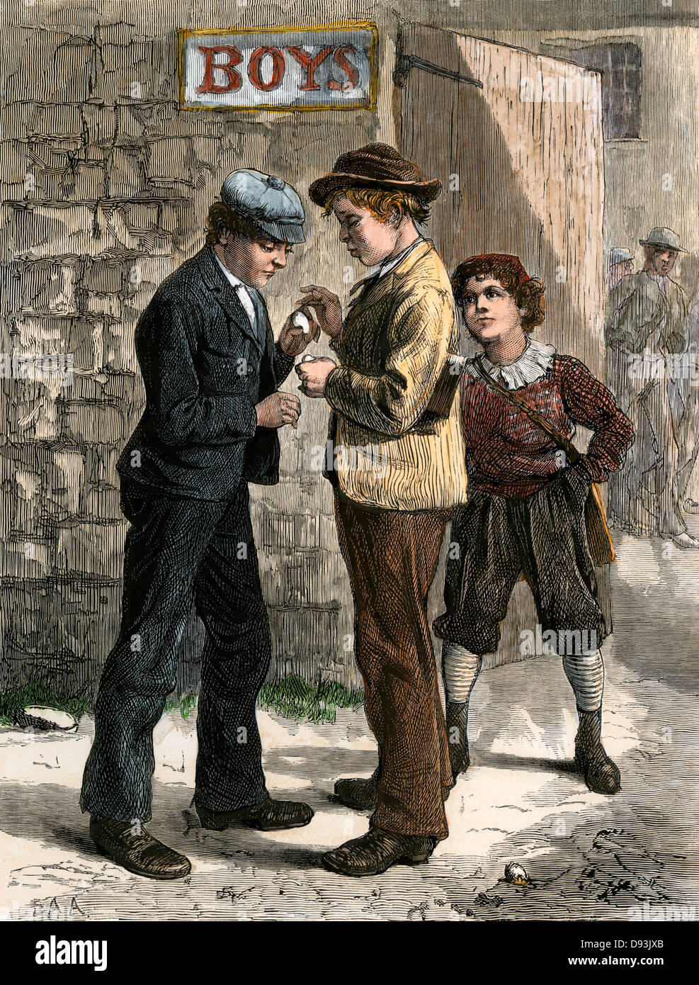 Schoolboys tapping eggs, an Easter activity, 1800s. Hand-colored ...