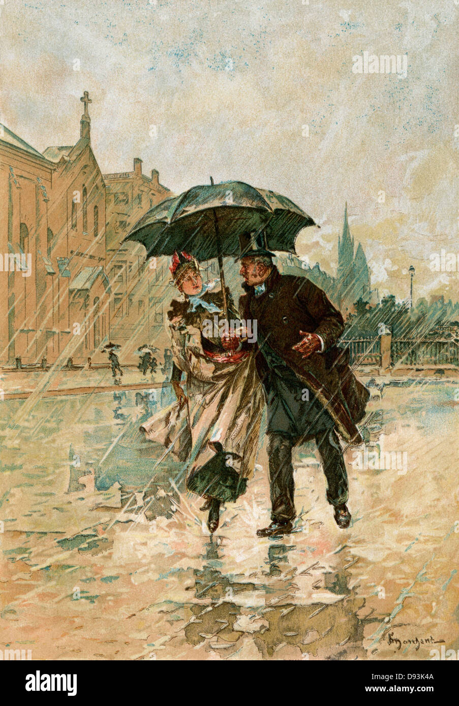 Couple walking in the rain on an English city street, 1800s. Color ...