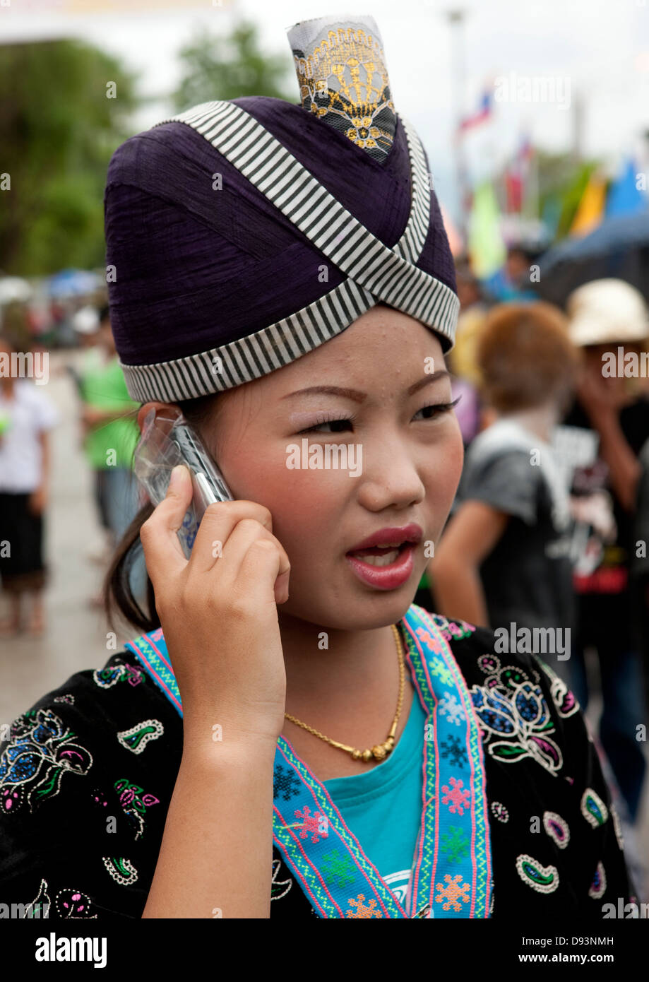 Girl With A Mobile Phone In Traditional Clothing During Pii Mai Lao New ...