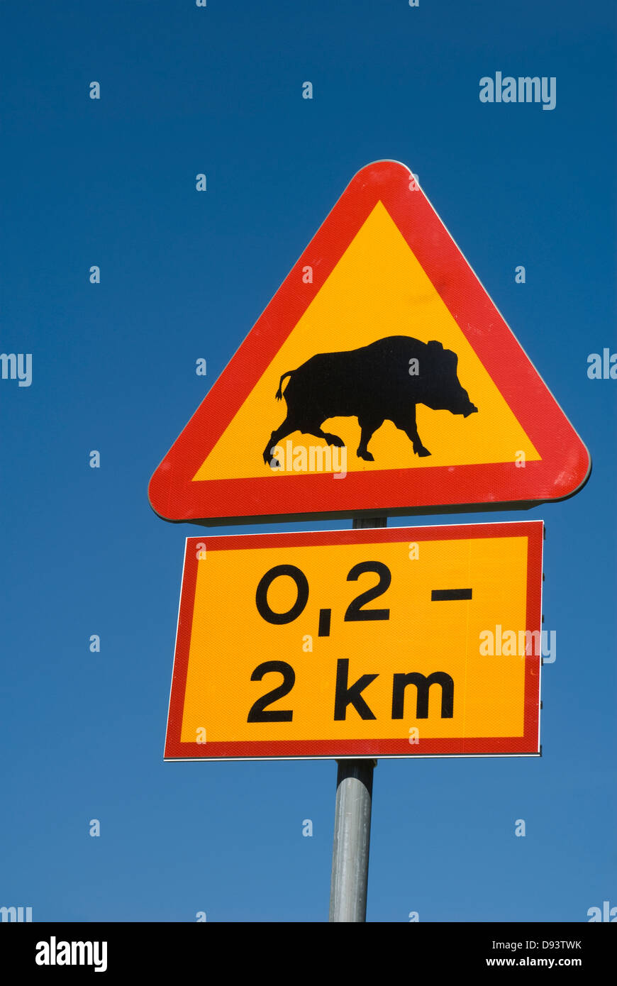 Warning sign against blue sky Stock Photo - Alamy