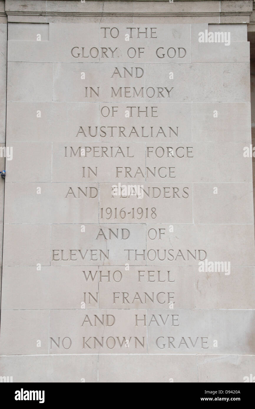 Inscription on the Australian National Memorial, a World War I memorial ...