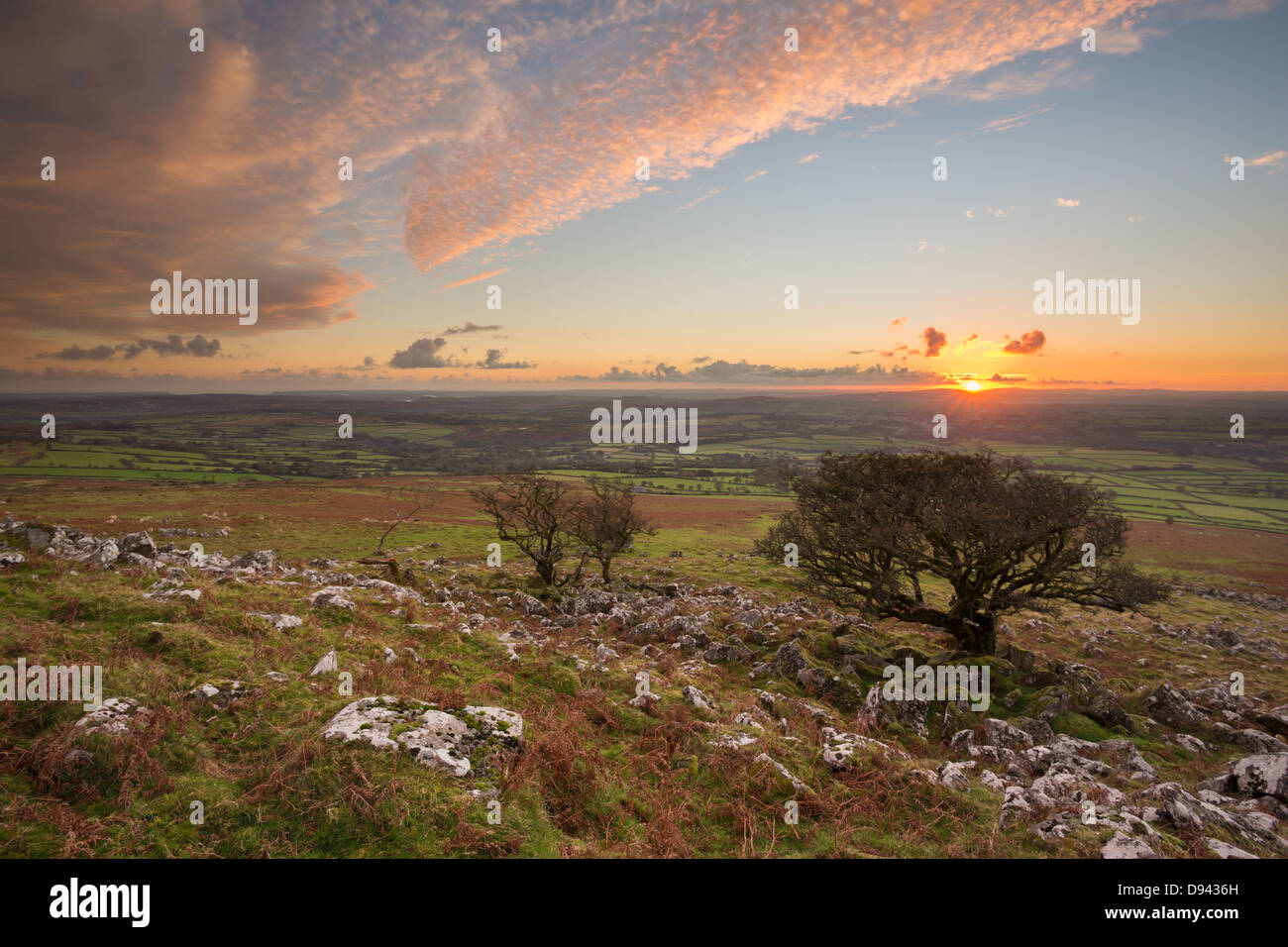 Sunset from Cox Tor with views over the Devon countryside, Dartmoor ...