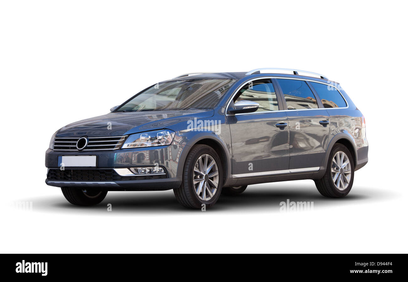 Front side view of modern family car with some landscape ability Stock ...