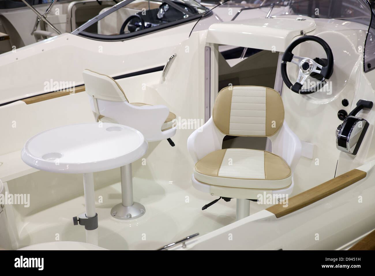Interior of a modern open small size boat Stock Photo - Alamy