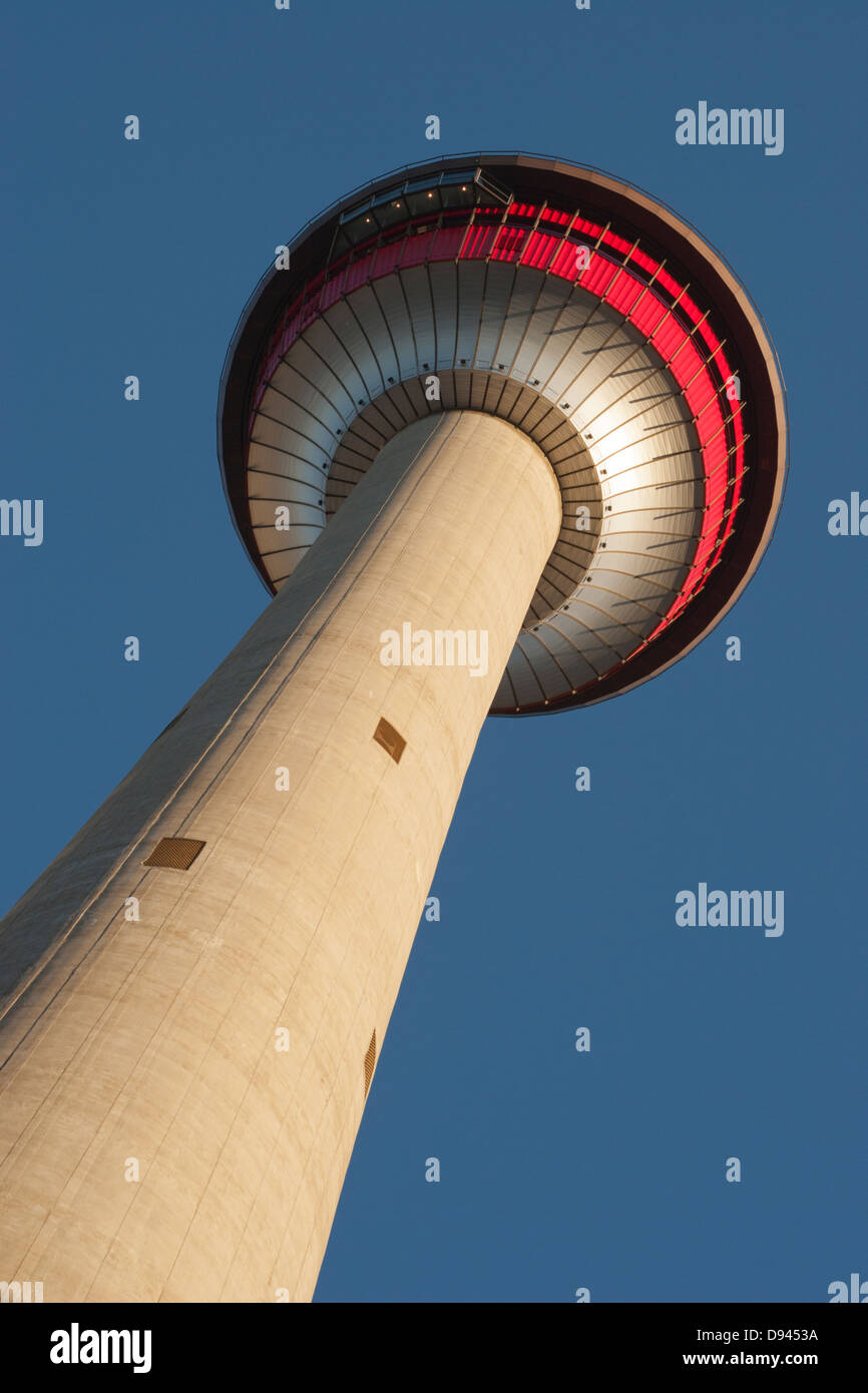 Calgary Tower with observation deck, view from underneath the tower ...