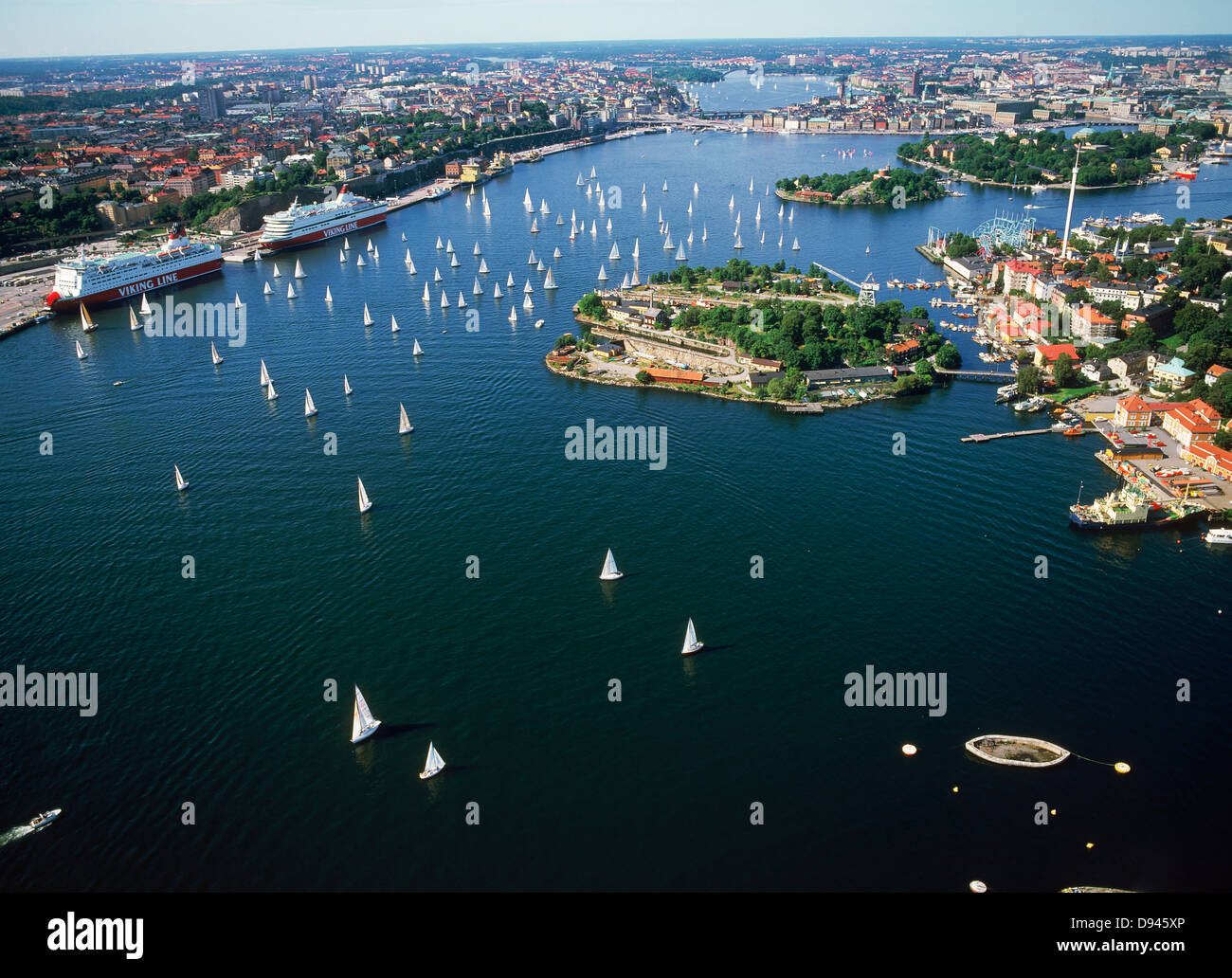 Aerial view of Stockholm with sailboats on Saltsjön and Viking Line ...
