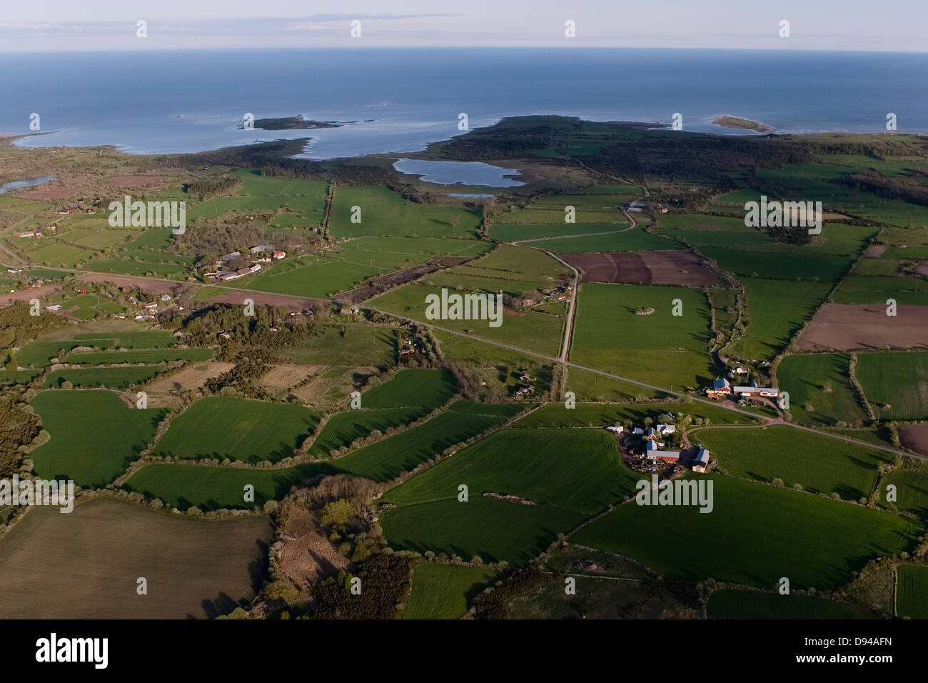 Arable and pasture land by the sea, aerial view, Oland, Sweden Stock ...