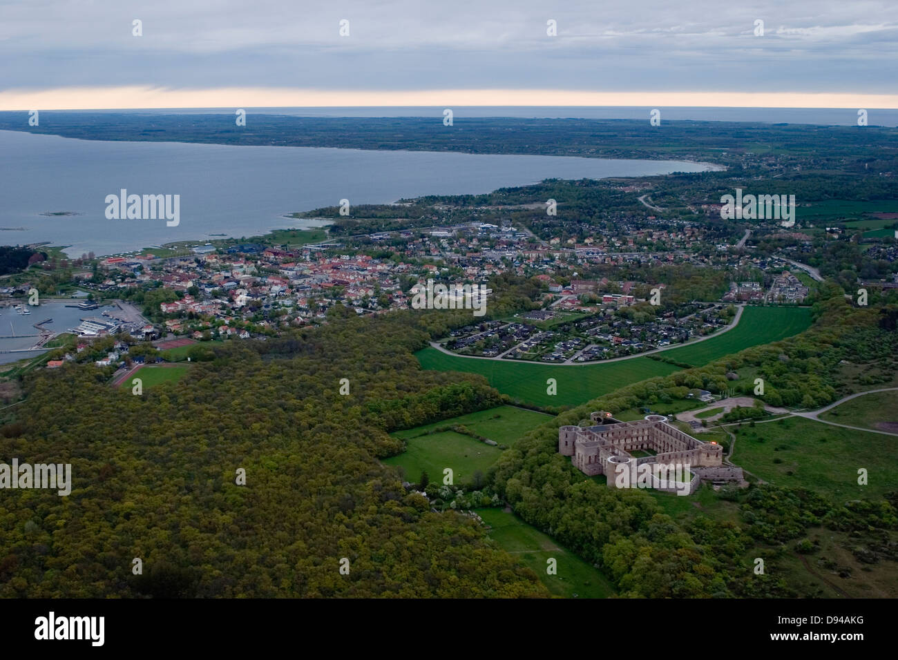 A ruined castle and a city, aerial view, Borgholm, Oland, Sweden Stock ...
