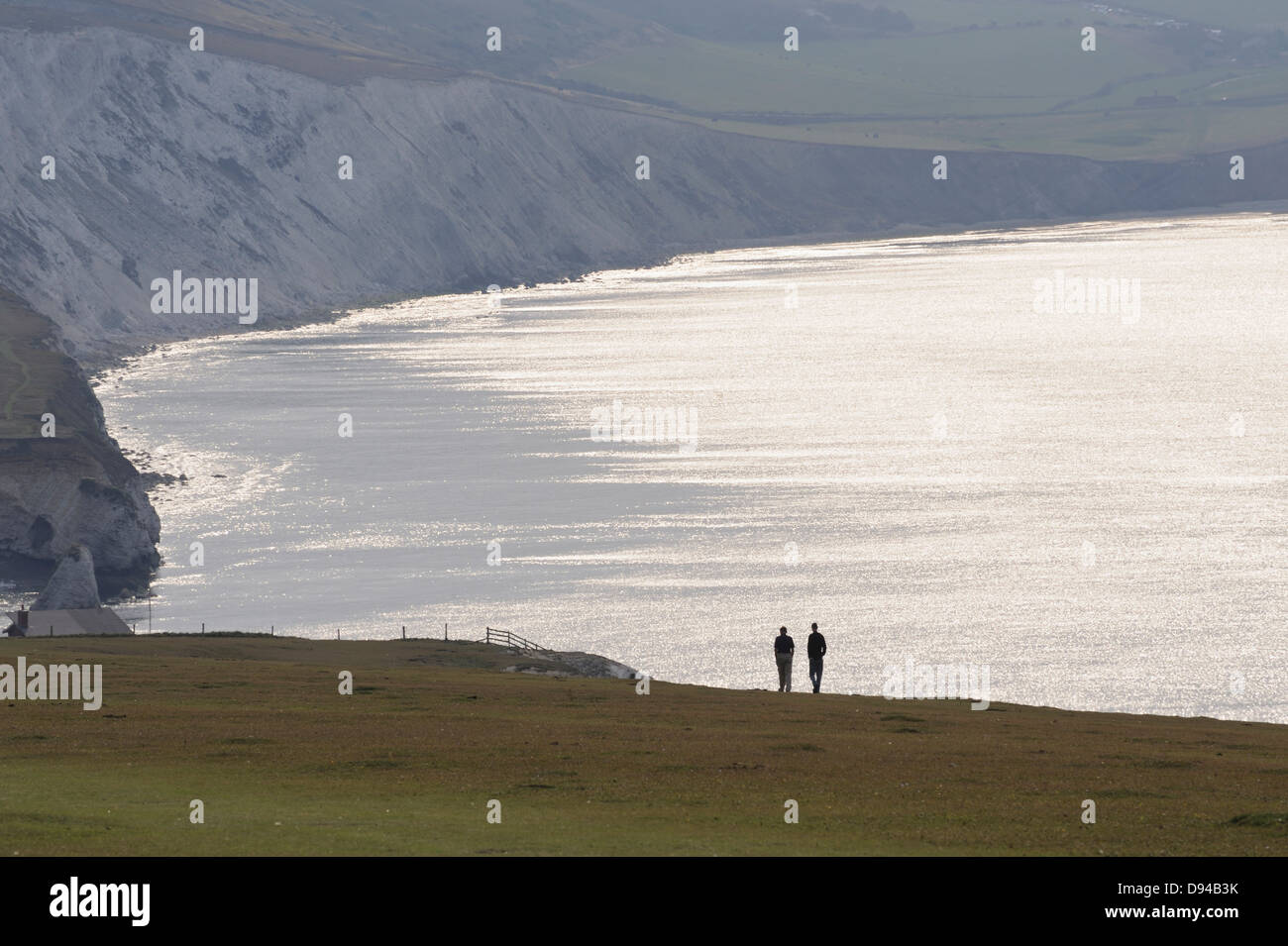 Walkers on Tennyson Trail by Freshwater Bay, Isle of Wight, Hampshire ...