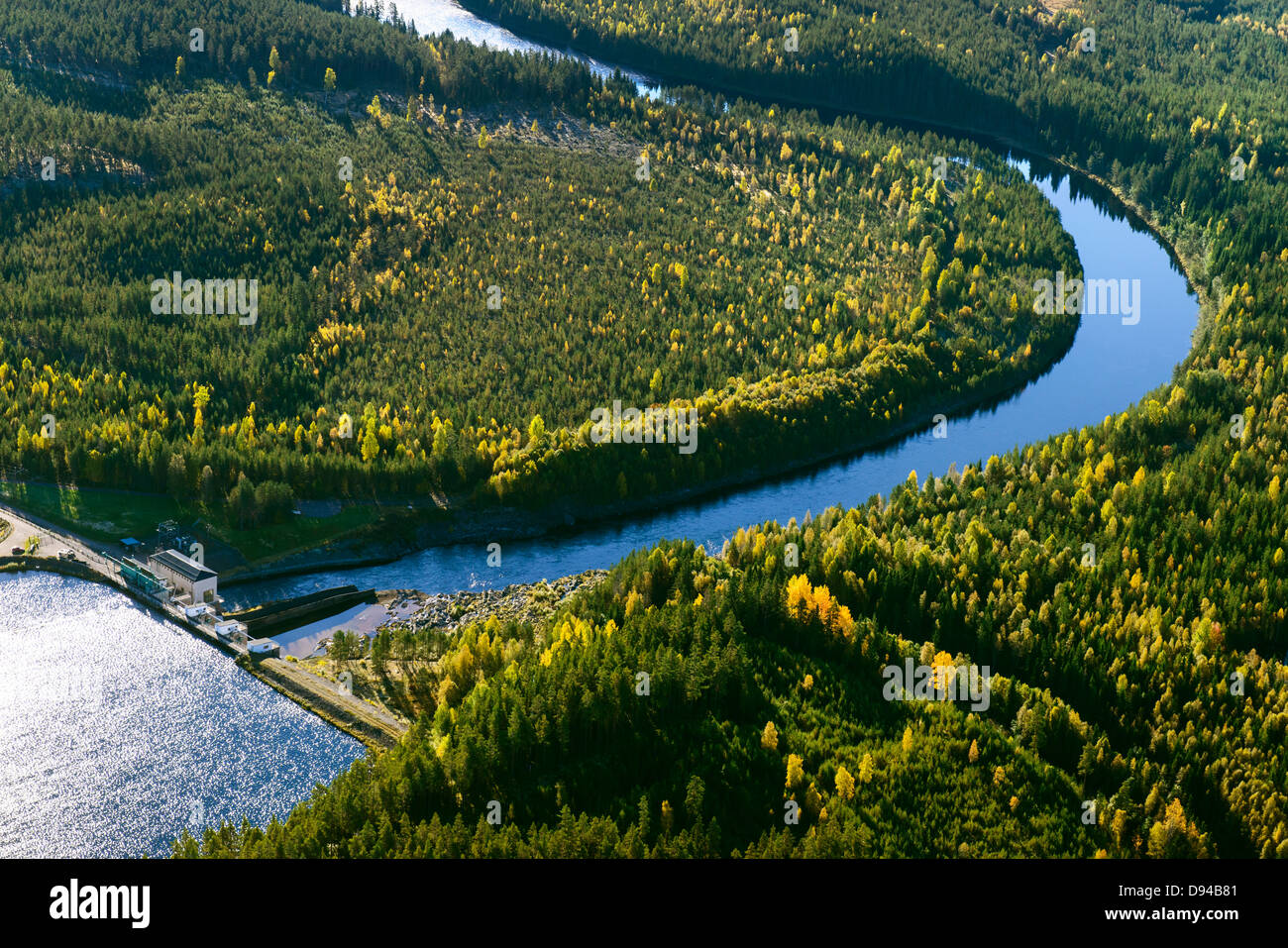 Aerial view of river with dam Stock Photo - Alamy