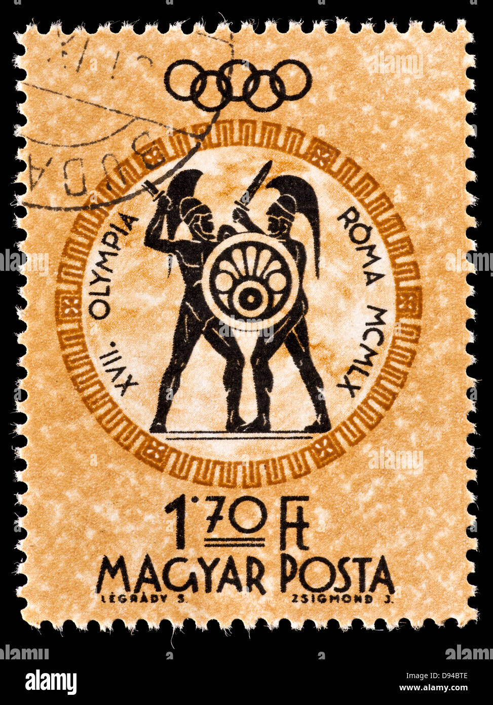 Postage stamp from Hungary depicting traditional Roman swordsman ...
