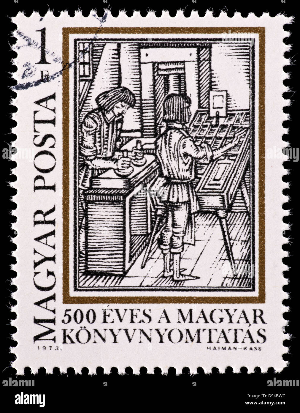 Postage stamp from Hungary depicting typesetting, from "Orbis Pictus ...