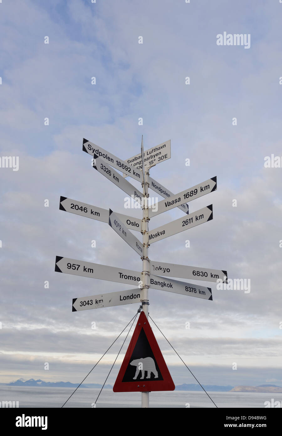 Signs with destinations and polar bear warning sign Stock Photo - Alamy