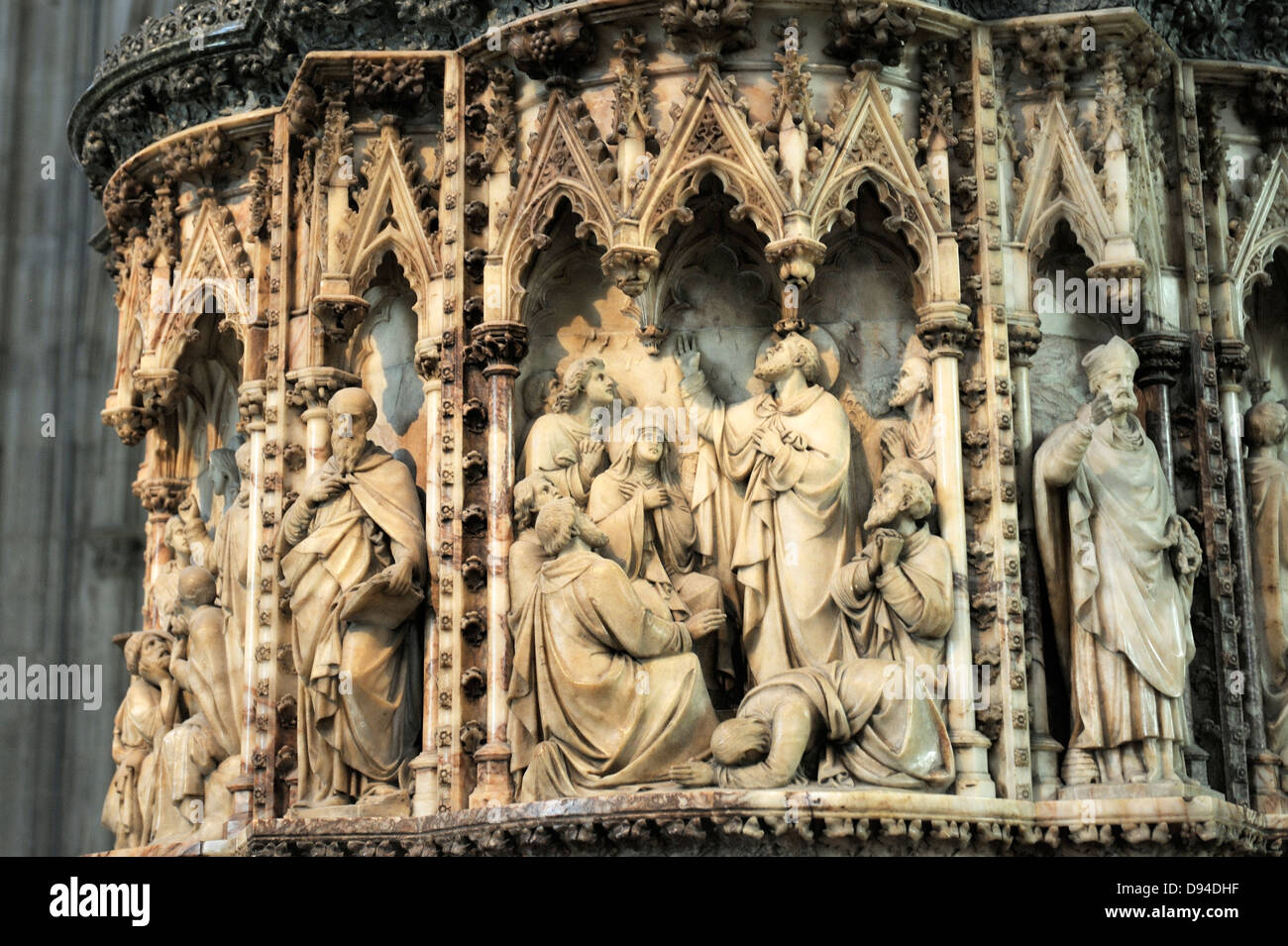 Worcester Cathedral, England. Detail of the carved stone pulpit in the ...