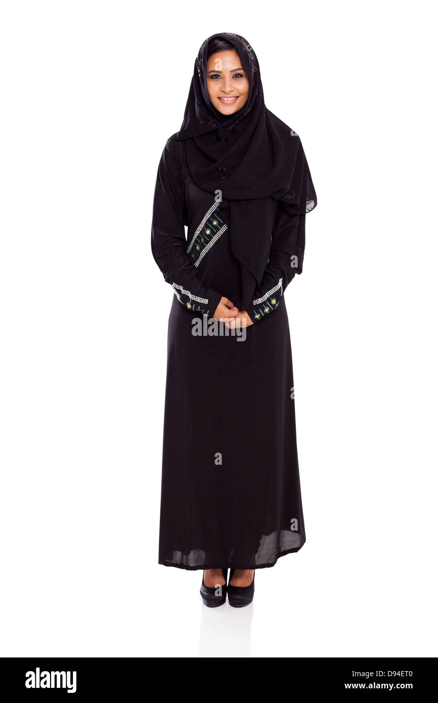 pretty young Muslim woman full length studio portrait on white Stock ...