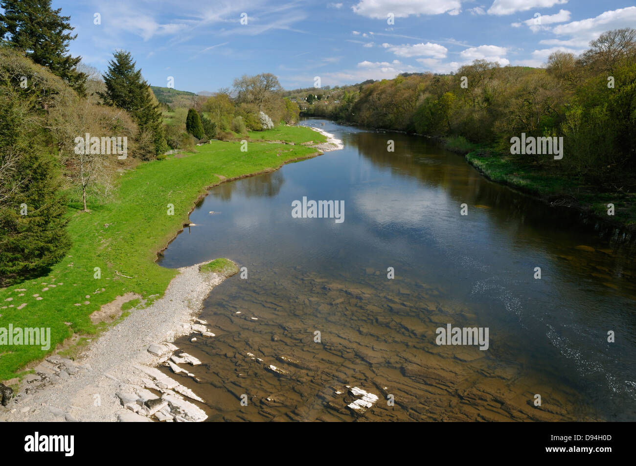 Low water level on River Wye at Erwood Bridge, Powys, Wales Stock Photo ...