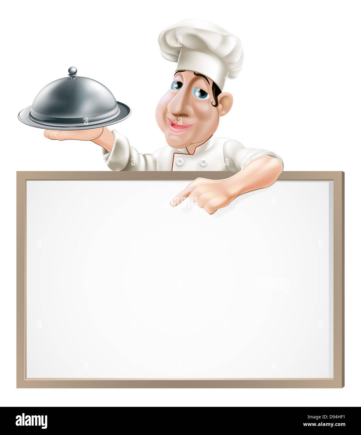 A cartoon chef character holding a silver platter and pointing at a ...