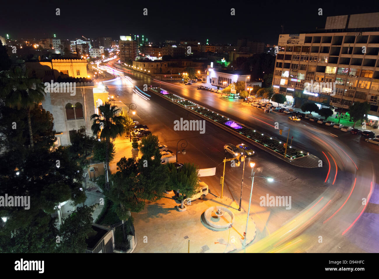 Night view from above with traffic trails of downtown Hama, Syria Stock ...