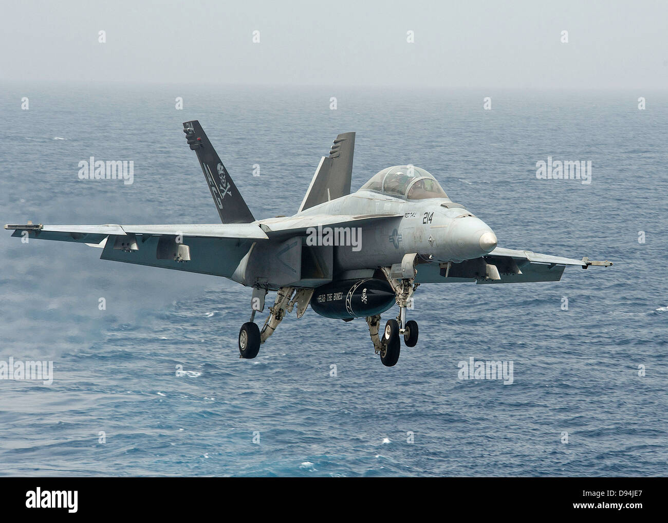 A US Navy F/18F Super Hornet fighter aircraft approaches to land on the ...