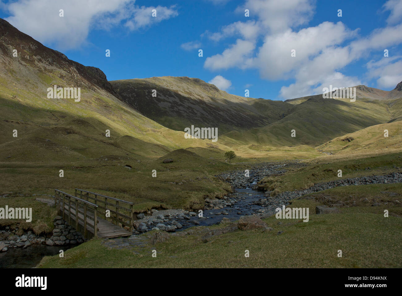 The head of the Ennerdale Valley, with footbridge over the River Liza ...