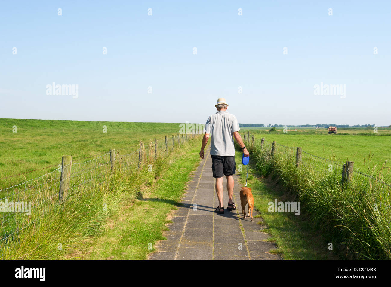 man walking his dog in agricultural landscape Stock Photo - Alamy