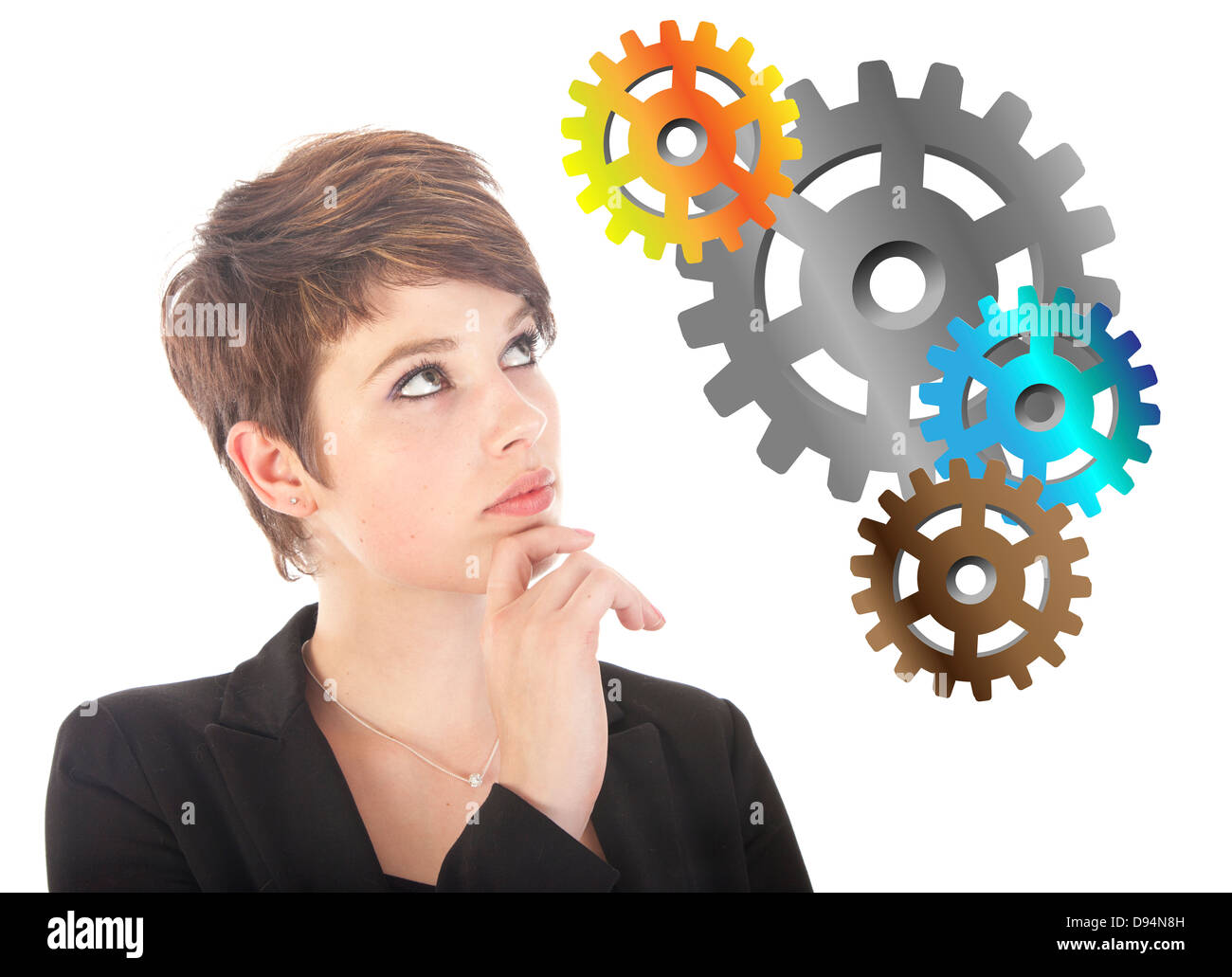 Young woman thinking with gears isolated on white background Stock ...