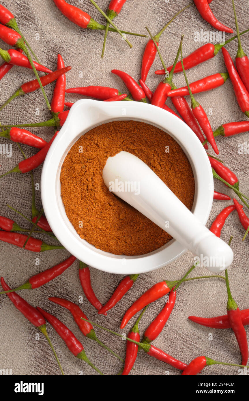 Overhead View of Hot Red Peppers and Ground Peppers in Mortar and ...