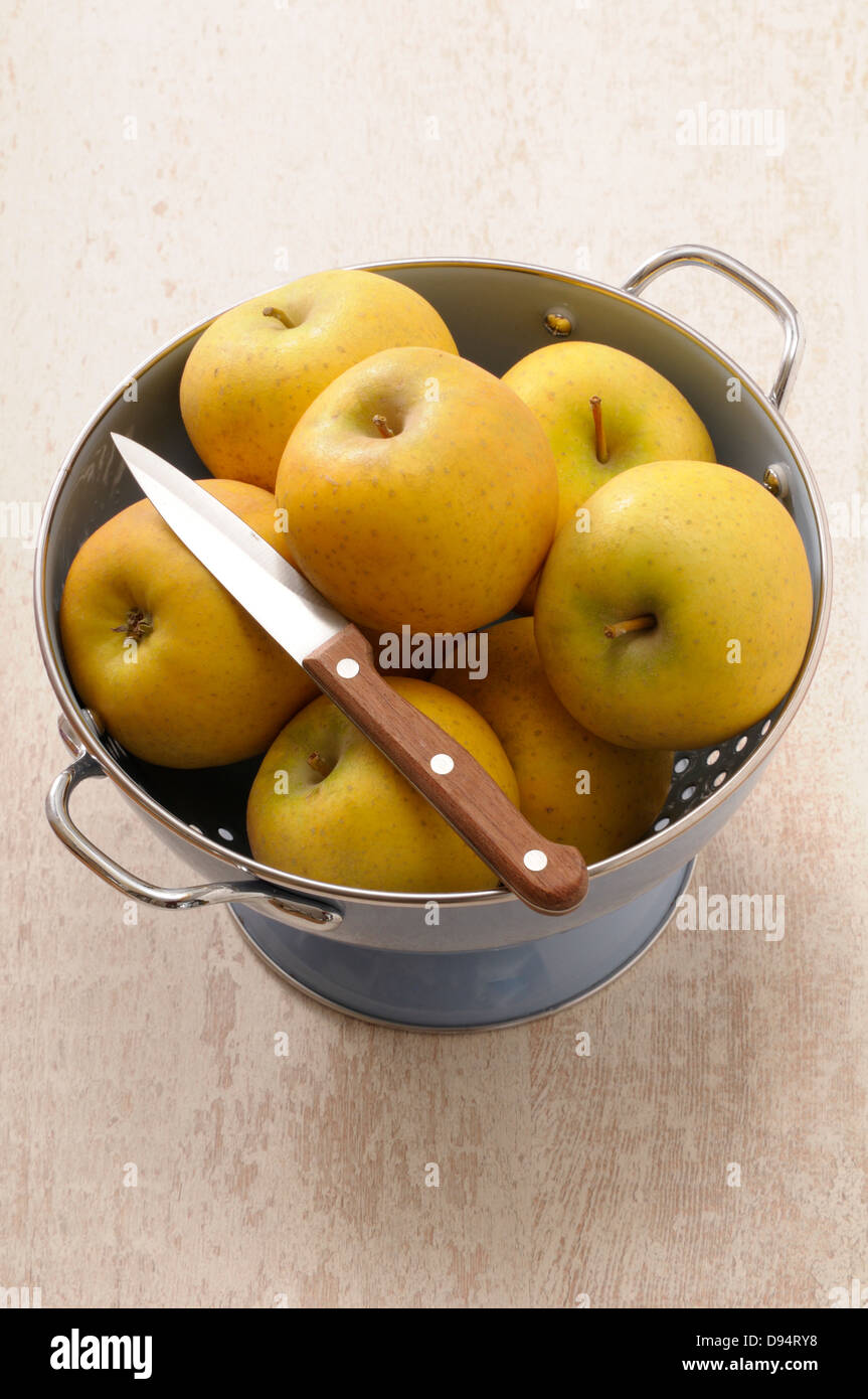 Overhead View of Colander filled with Apples and a Knife, Studio Shot ...