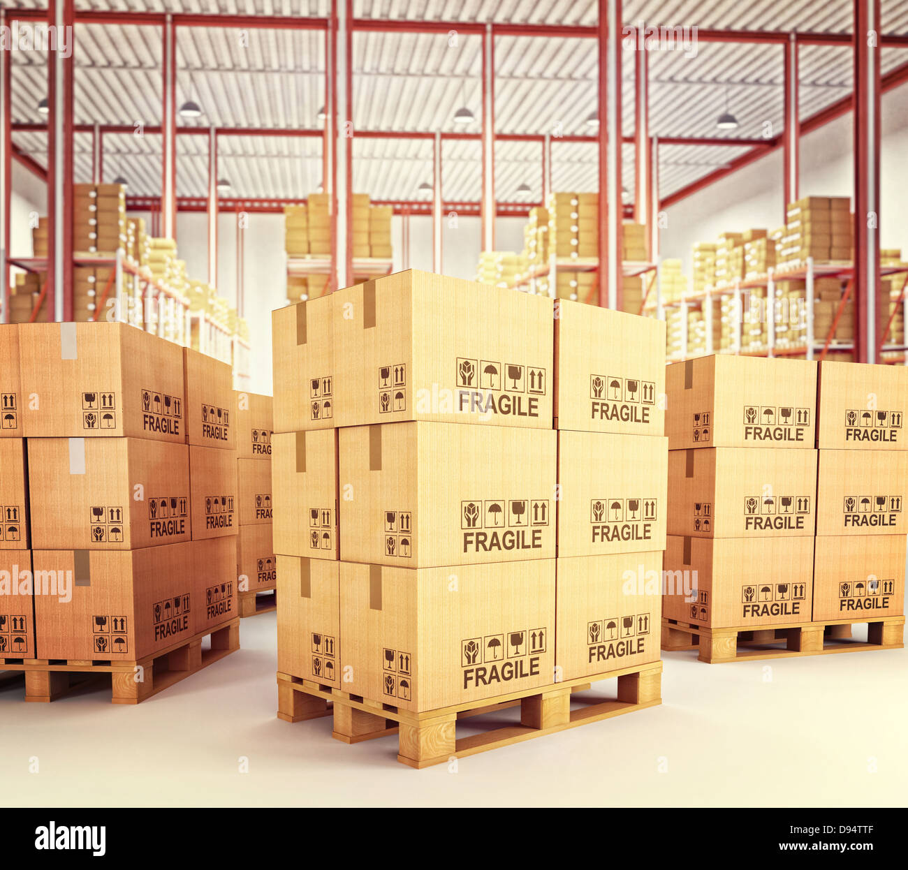 3d image of pallets with classic boxes in warehouse Stock Photo - Alamy