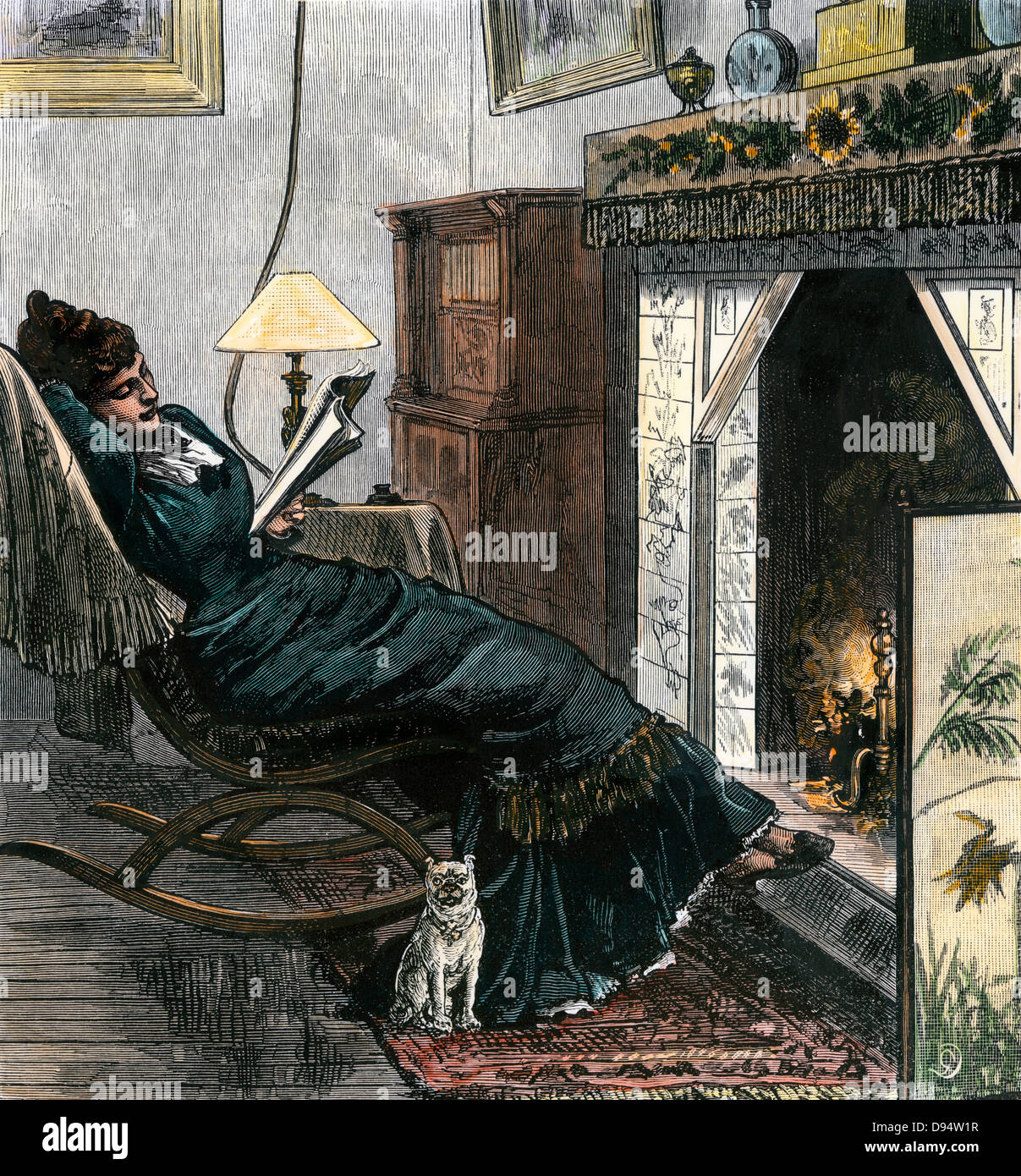 Woman reading by the fire in the Victorian era. Hand-colored woodcut ...
