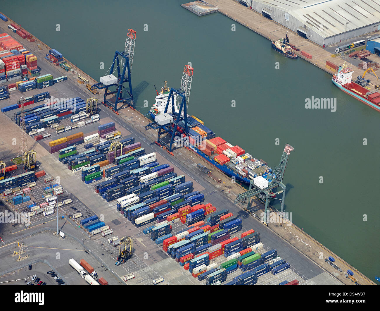 Container shipping at Tilbury Docks, River Thames, Essex, South East ...