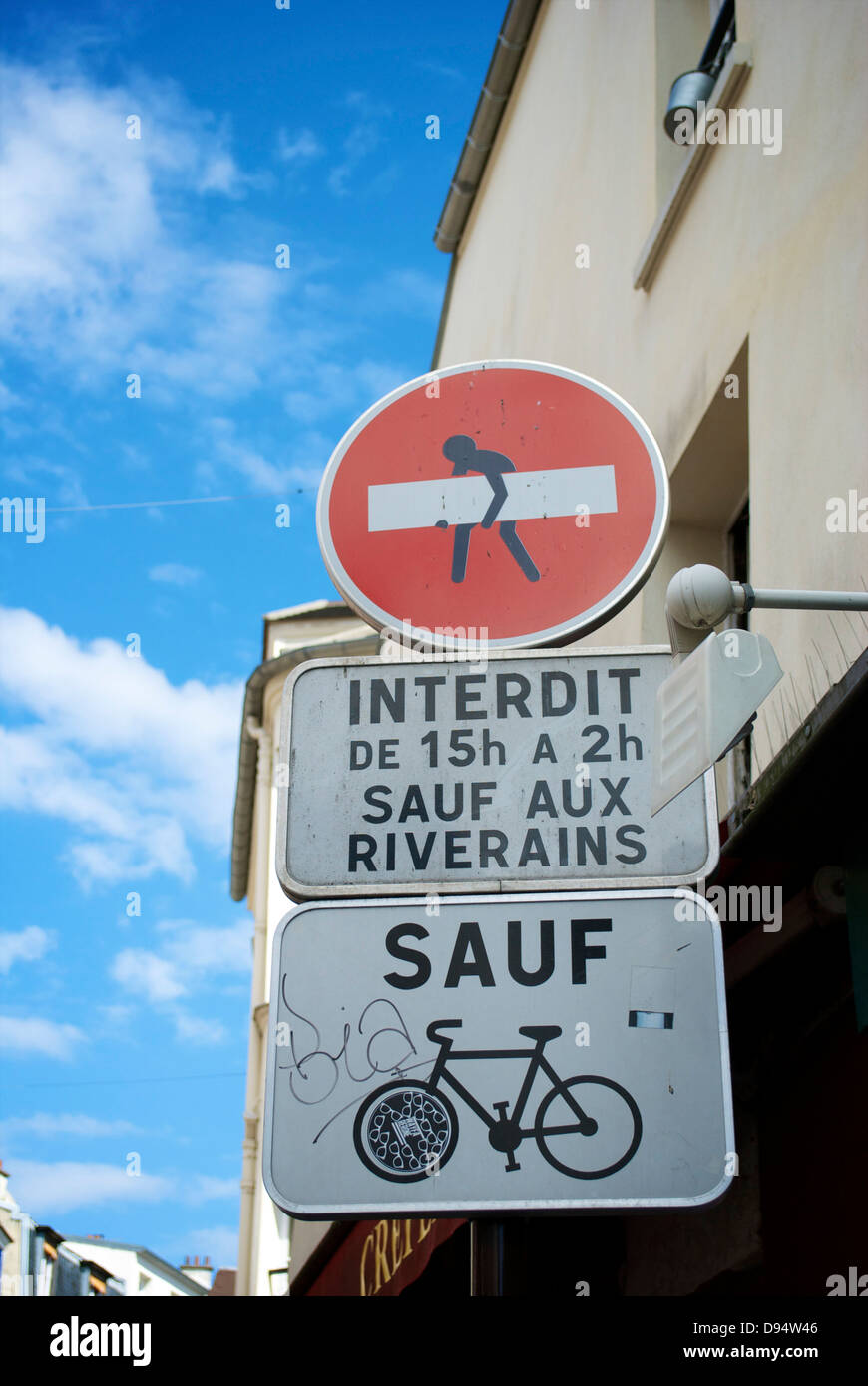 'No Entry: except bicycles and residents' street signs in Paris, France ...