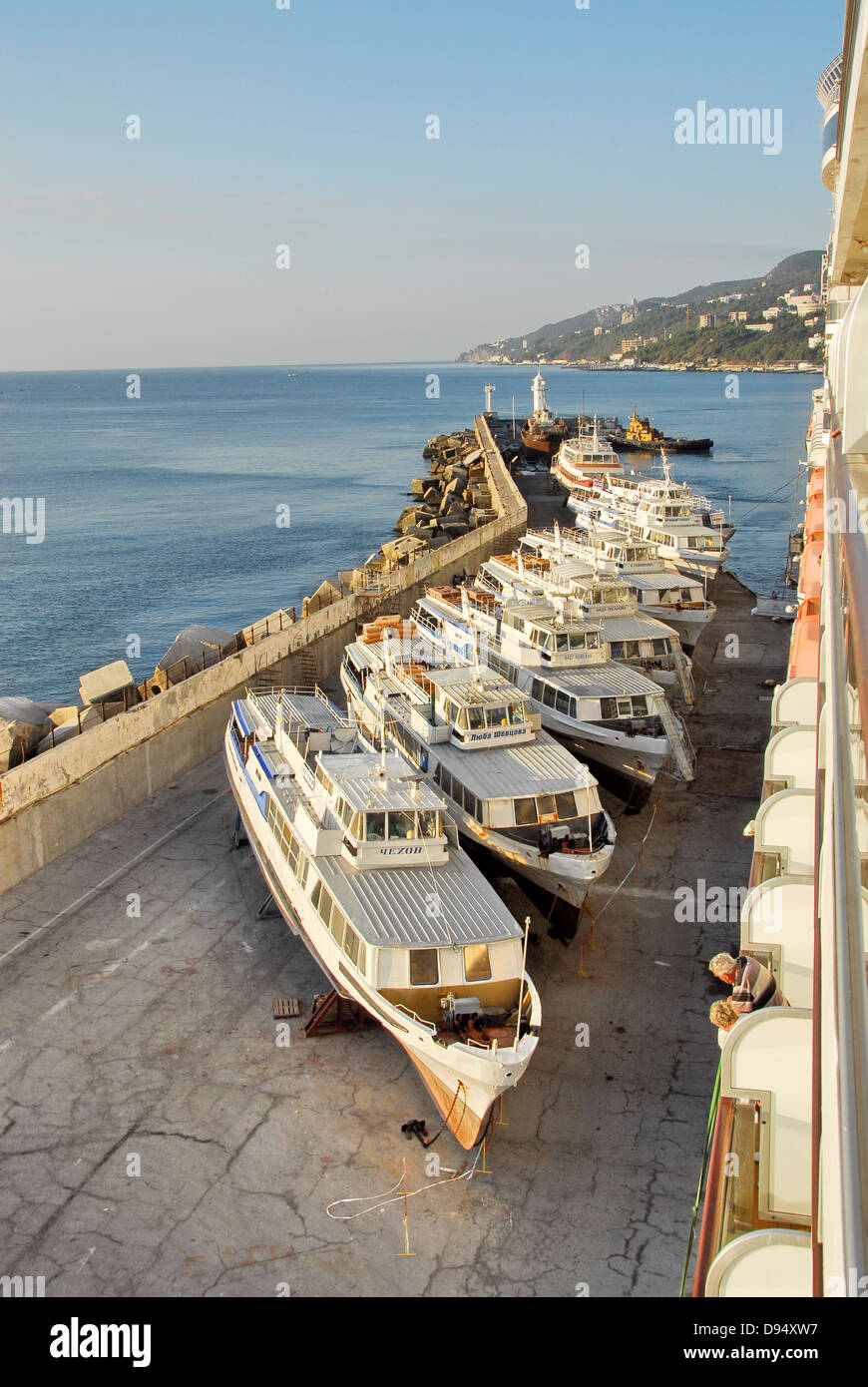 Tourist boats after summer season at the seaport city of Yalta, Crimea ...