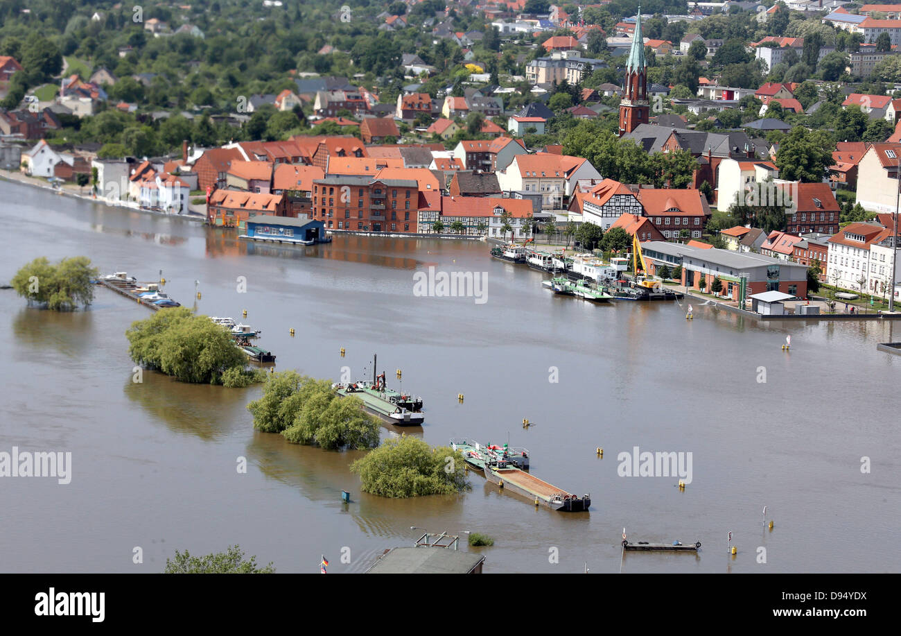The harbour of Wittenberge is flooded by waters of the Elbe river in ...