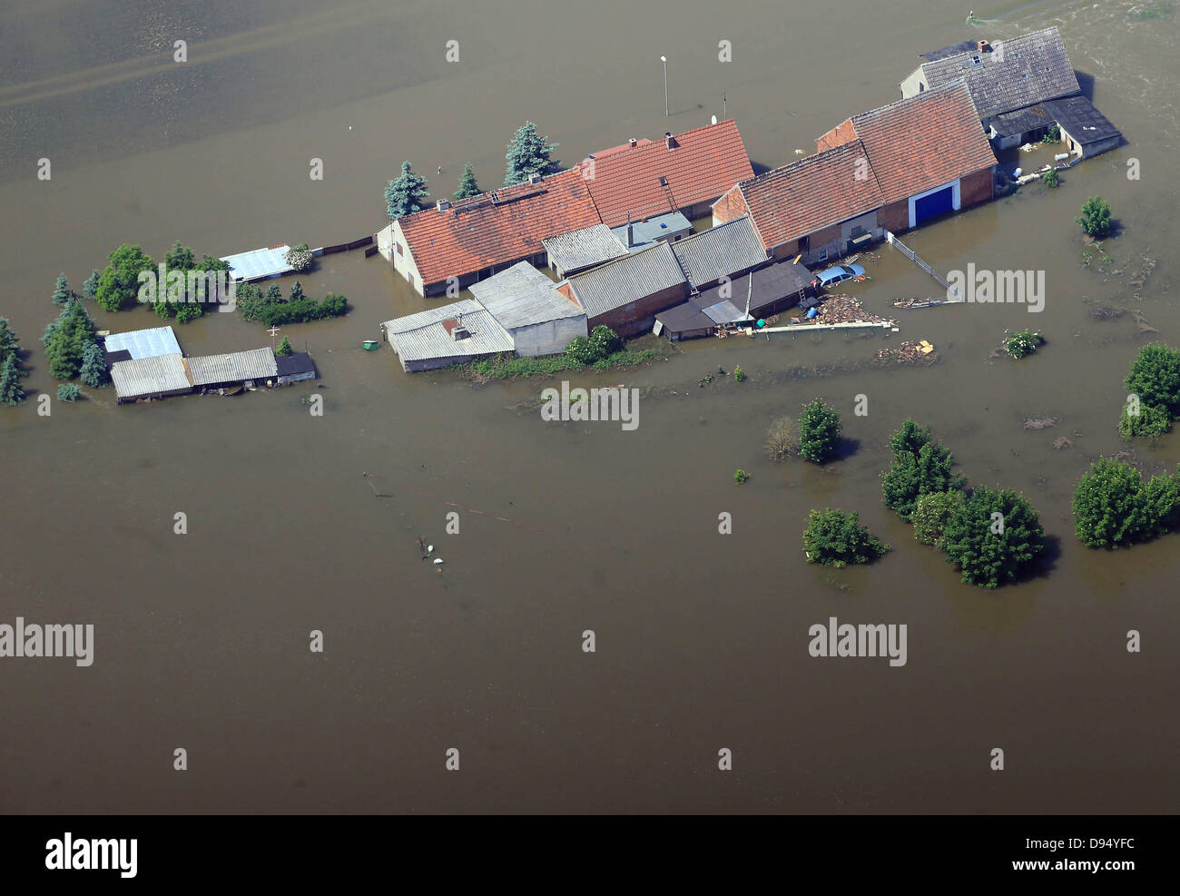 Houses of the town Fischbeck are flooded by water of the river Elbe ...