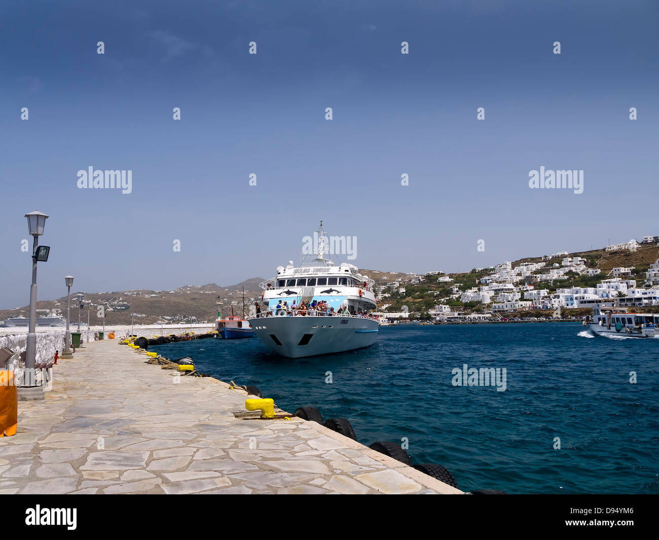 The ferry to the temple island of Delos in the Harbour on the island of ...