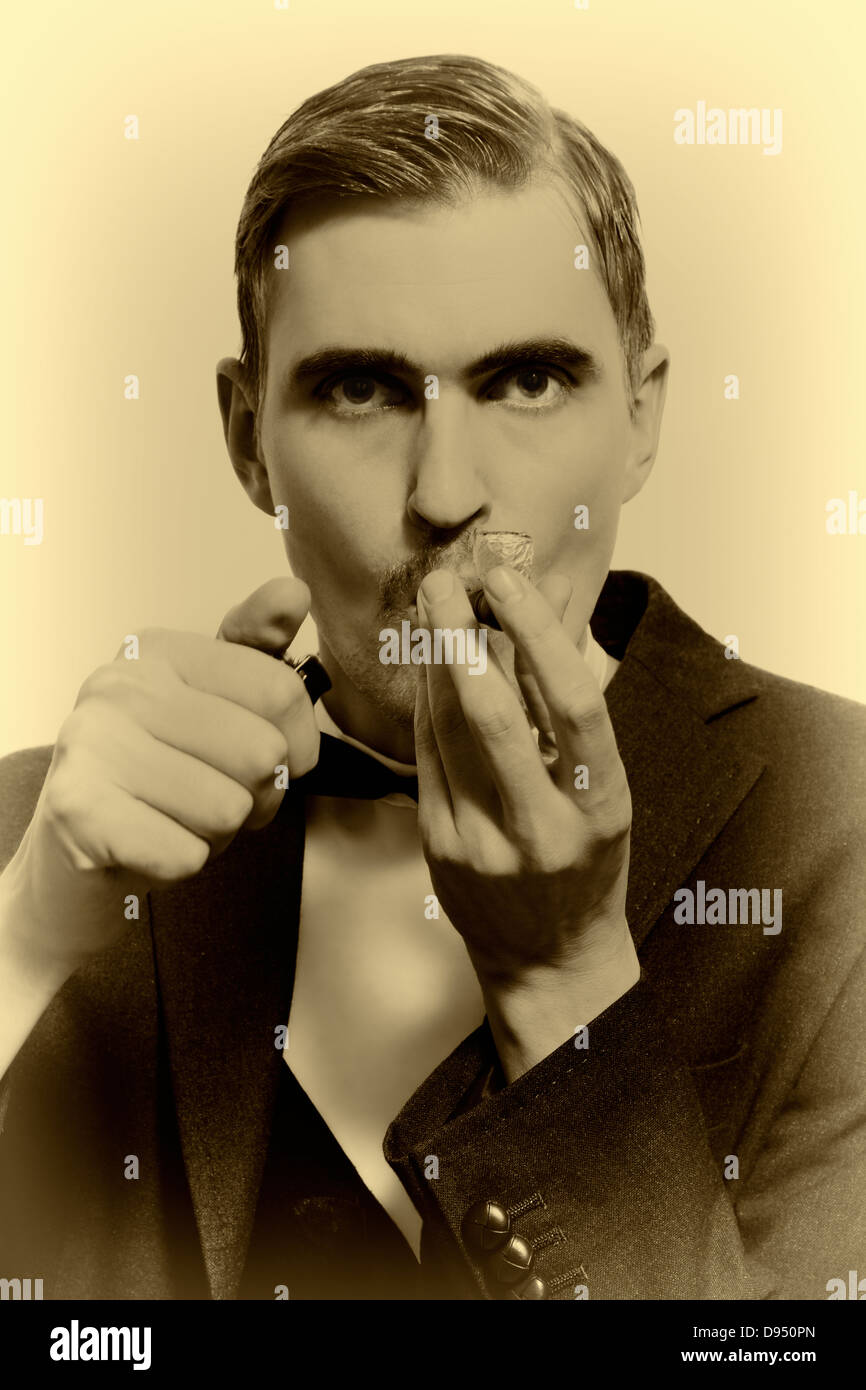 retro portrait of adult man smoking pipe closeup Stock Photo - Alamy