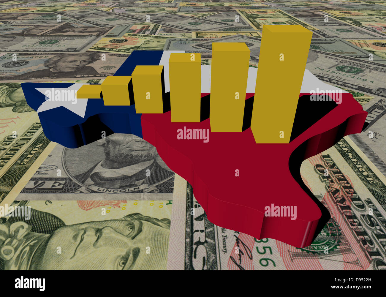 Graph on Texas map flag with dollars illustration Stock Photo - Alamy