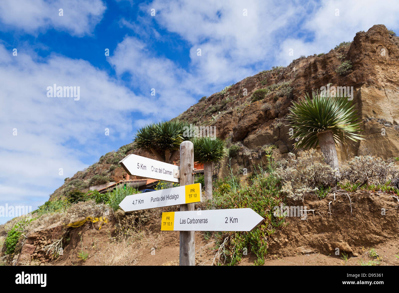 Signposts on the walk from Cruz del Carmen to Punta Hidalgo in Anaga ...