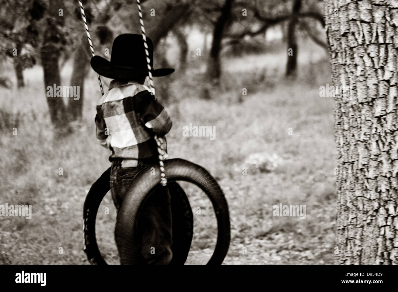 Little cowboy on tire swing Stock Photo - Alamy