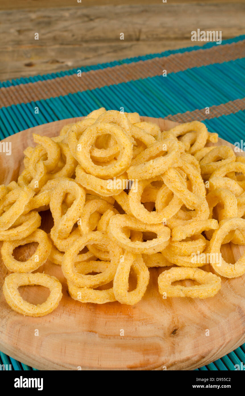 Crunchy and ready salted maize rings, an irresitable snack Stock Photo ...