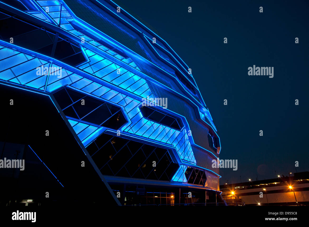 Night-time Exterior Shot of First Direct Arena, Leeds. Shots show the ...