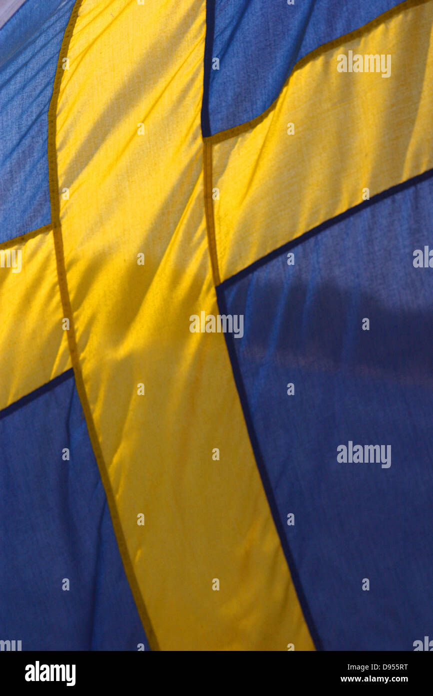 The Kingdom of Sweden flag, blue and yellow real Fabric of Swedish flag ...