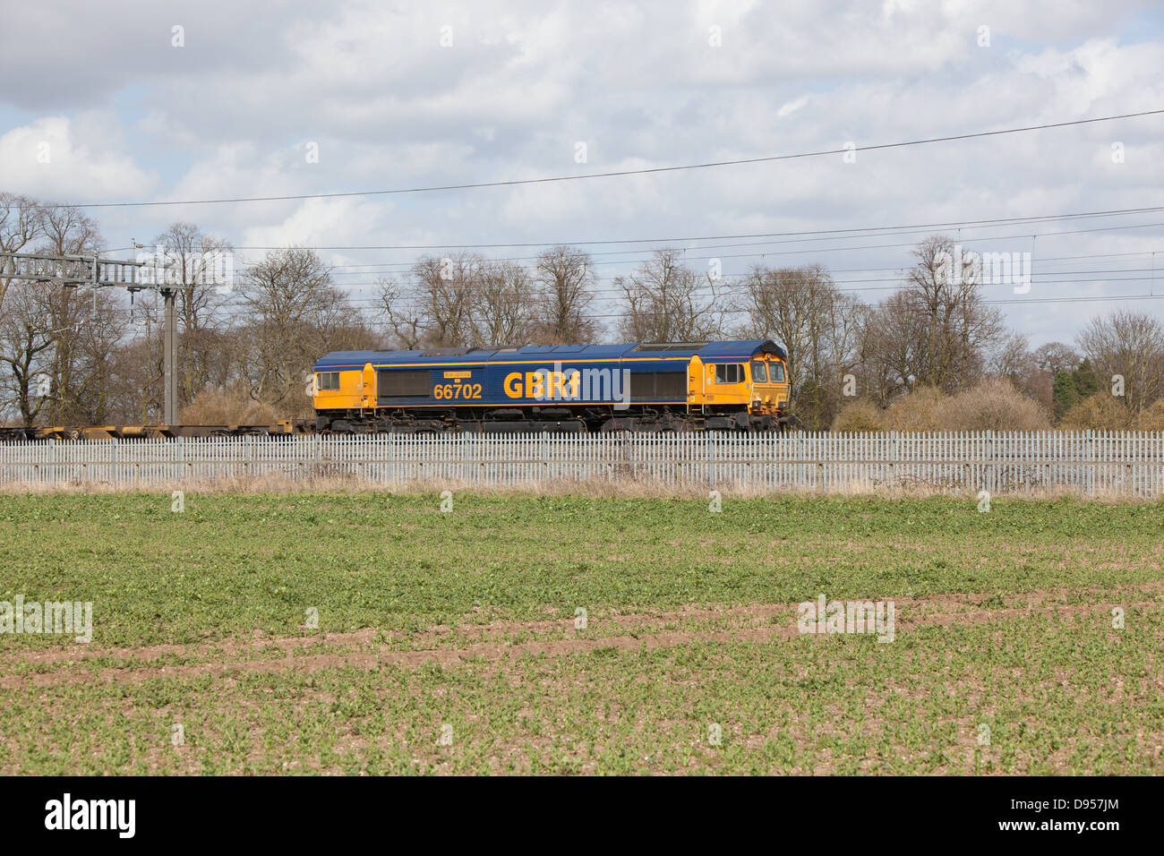 GBRf freight train on the West Coast Main Line in the Midlands. The ...